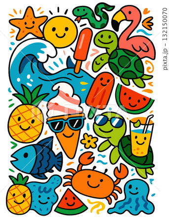 Happy sun smiling turtle pineapple ice cream...のイラスト素材 [132150070] - PIXTA