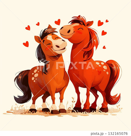 Two happy cartoon horses sharing love and joy...のイラスト素材 [132165076] - PIXTA