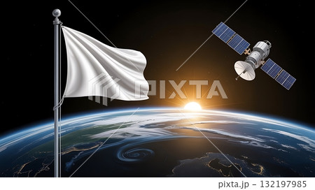 White flag waving above earth with satellite...のイラスト素材 [132197985] - PIXTA