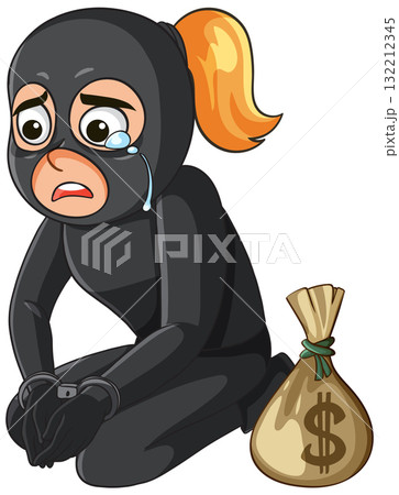 Sad Female Robber in Handcuffs Beside Money Bagのイラスト素材 [132212345] - PIXTA