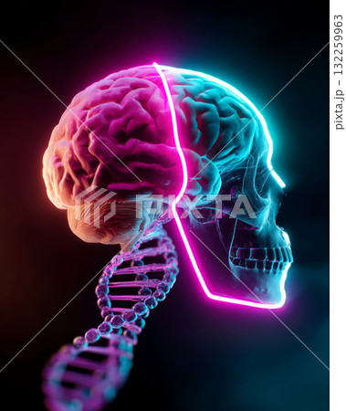A close-up of a human skull with a DNA double...のイラスト素材 [132259963] - PIXTA