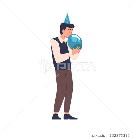 Man Character on Holiday in Hat Blowing Balloon...のイラスト素材 [132275353 ...