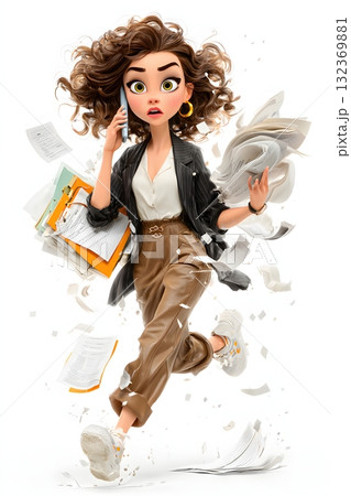 3D cartoon businesswoman rushing with phone and...のイラスト素材 [132369881 ...