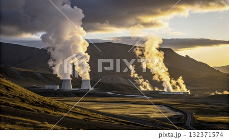 Steam rises from geothermal power plants at...のイラスト素材 [132371574] - PIXTA
