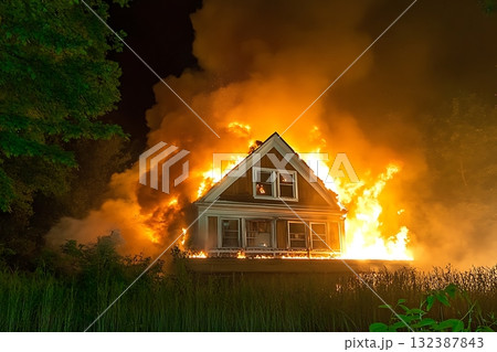 Dramatic House Fire at Night with Bright Flames...のイラスト素材 [132387843 ...