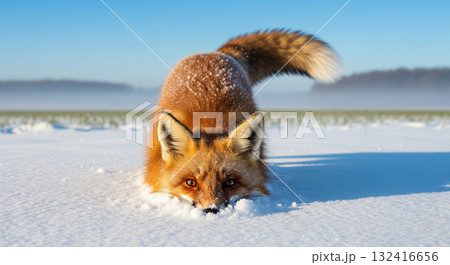 A red fox is seen digging in the snow, with its...のイラスト素材 [132416656 ...