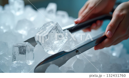 Hands gripping ice tongs lifting a chilled cube...のイラスト素材 [132431760 ...