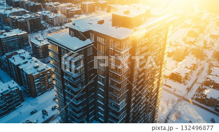 Sunrise over a modern high-rise building in a...のイラスト素材 [132496877] - PIXTA