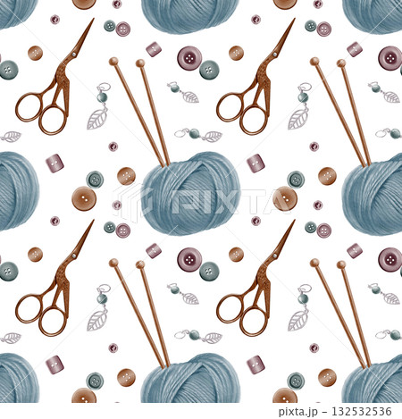 Knitting pattern with ball of yarn with wooden...のイラスト素材 [132532536 ...
