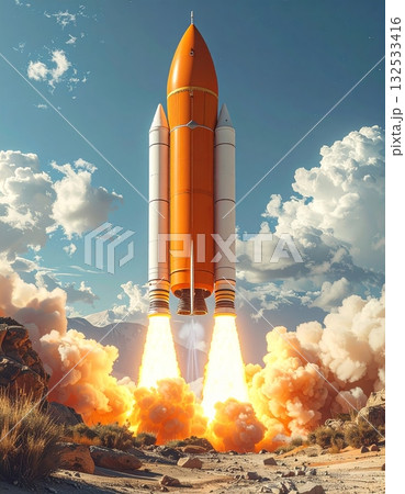 Vector cartoon of a colorful rocket flying...のイラスト素材 [132533416] - PIXTA