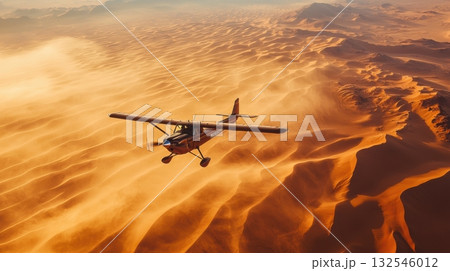 Small Airplane Flying Over Golden Desert Dunes...のイラスト素材 [132546012 ...