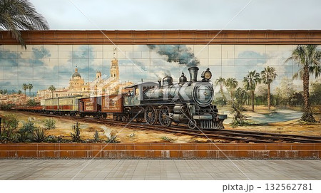 Vintage steam train tile mural detailed artwork...のイラスト素材 [132562781 ...