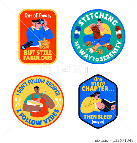 Hobby-themed sticker set with creative slogans...のイラスト素材 [132571349 ...