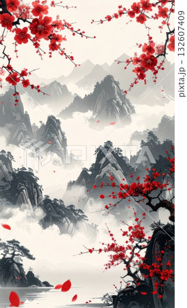 Red Plum Tree and Mountain Landscape in Chinese...のイラスト素材 [132607409 ...