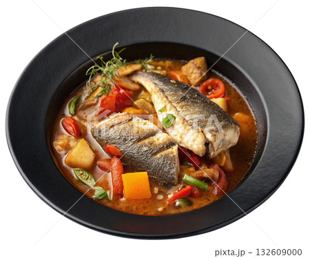 sea bass stew on a black plateのイラスト素材 [132609000] - PIXTA