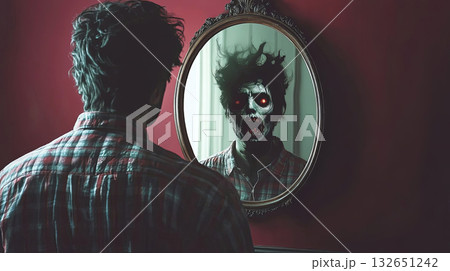 Man with disheveled hair gazes into a mirror...のイラスト素材 [132651242] - PIXTA