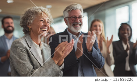 Business colleagues hugging and clapping during...のイラスト素材 [132659226 ...