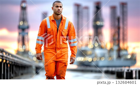 Oil field worker in orange protective overalls...のイラスト素材 [132684601 ...
