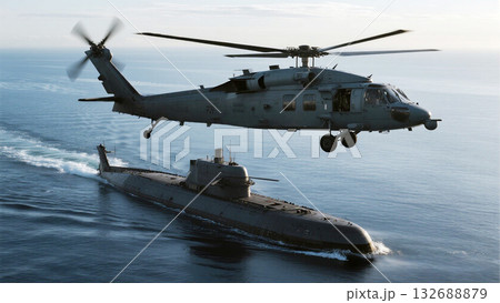 Military Helicopter Flying Over the Ocean Next...のイラスト素材 [132688879 ...