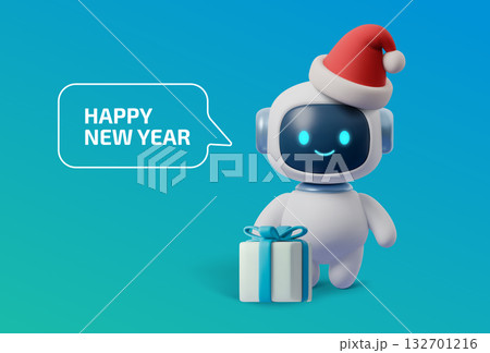 Cute 3D AI robot in Christmas hat holding gift...のイラスト素材 [132701216 ...