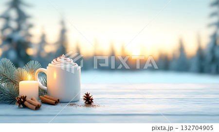 Cozy winter scene with hot drink surrounded by...のイラスト素材 [132704905 ...