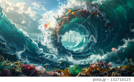 Ocean Wave of Trash: Pollution Environmental...のイラスト素材 [132710125] - PIXTA