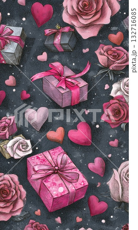 Colorful Gift Wrap Design Featuring Roses and...のイラスト素材 [132716085] - PIXTA