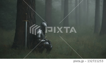Knight In Armor Resting Against A Tree In A...のイラスト素材 [132721253] - PIXTA