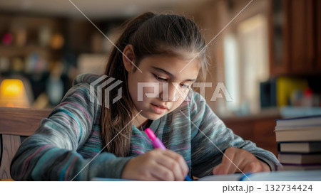 Female student intently writing study notes,...のイラスト素材 [132734424] - PIXTA