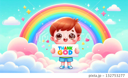 Cute child holding Thank God sign under...のイラスト素材 [132753277] - PIXTA