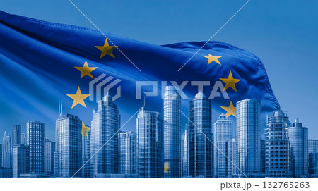 EU flag behind building and skyscrapers.のイラスト素材 [132765263] - PIXTA