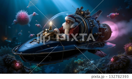 A santa claus in a submarine in the ocean...のイラスト素材 [132782393] - PIXTA
