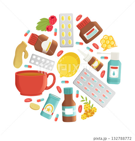 Cold and Flu Remedy with Pills and Medicine...のイラスト素材 [132788772] - PIXTA