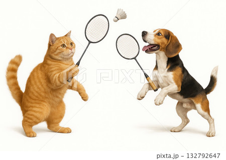 Funny cat and dog playing badminton on a light...のイラスト素材 [132792647 ...