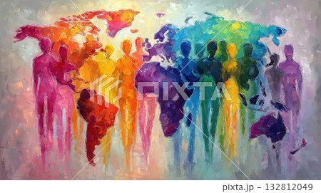 A vibrant world map showcases silhouettes of...のイラスト素材 [132812049] - PIXTA