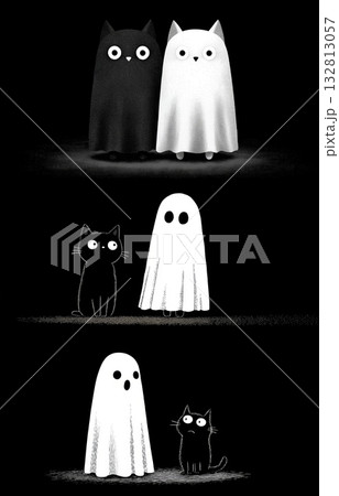 Cute black cat and ghost duo in playful...のイラスト素材 [132813057] - PIXTA