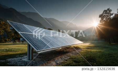 solar panel in the middle of a green hilly fieldのイラスト素材 [132815636] - PIXTA