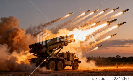 Multiple Rocket Launcher System Firing Salvo...のイラスト素材 [132845368] - PIXTA