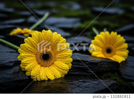 Vibrant yellow gerbera daisy flowers with water...のイラスト素材 [132891911 ...