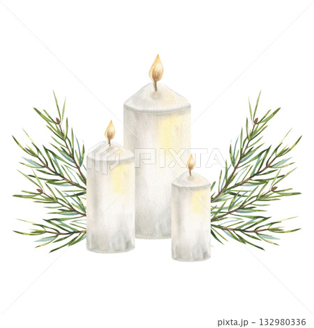 White candles and evergreen spruce branches...のイラスト素材 [132980336] - PIXTA