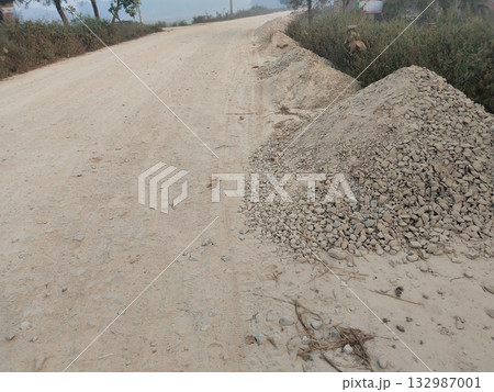 Construction materials placed beside rural road...の写真素材 [132987001] - PIXTA