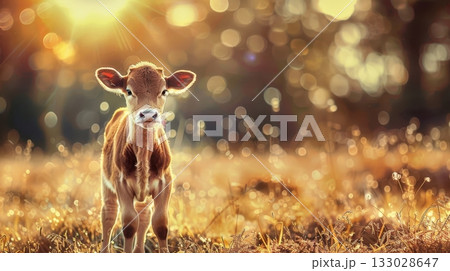 baby cow in a golden field sunlightのイラスト素材 [133028647] - PIXTA
