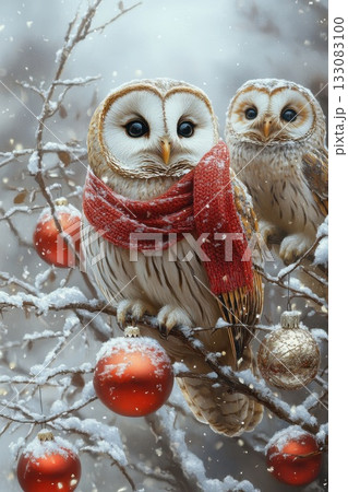 Whimsical owls adorned with scarves celebrate...のイラスト素材 [133083100] - PIXTA