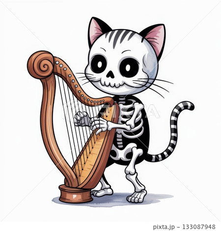 Whimsical Skeleton Cat Playing Harp in Charming...のイラスト素材 [133087948 ...