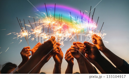 Diverse hands create magical rainbow sparkler...のイラスト素材 [133104917] - PIXTA