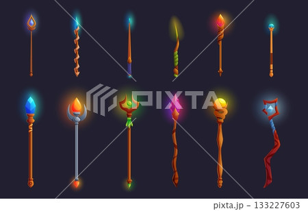 Wizard wooden staff. Magic wands, wooden metal...のイラスト素材 [133227603 ...