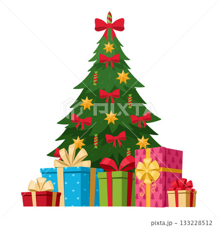 Evergreen tree decorated with ornaments and...のイラスト素材 [133228512] - PIXTA
