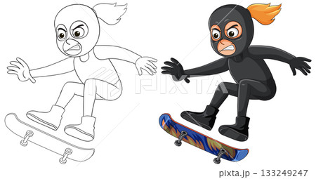 Female Robber Character Jumping on Skateboard...のイラスト素材 [133249247] - PIXTA
