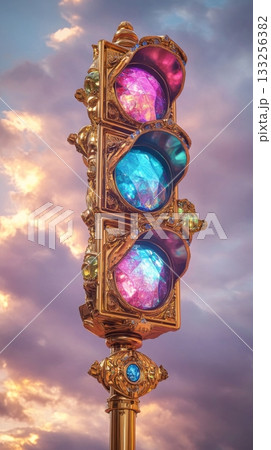 Ornate golden traffic light with gemstone-like...のイラスト素材 [133256382 ...