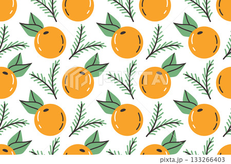 Tangerines and fir branches. Seamless pattern....のイラスト素材 [133266403 ...